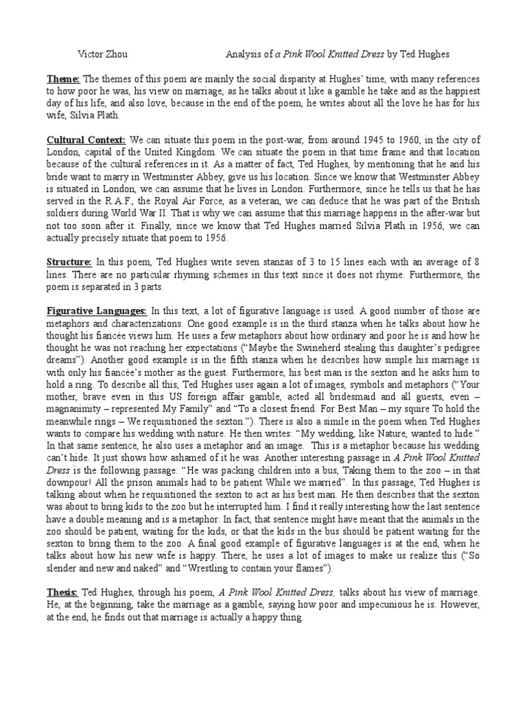Analysis of A Pink Wool Knitted Dress by Ted Hughes - Victor Zhou | PDF ...
