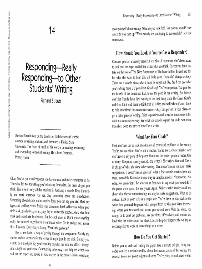 Responding - Really Responding - To Other Students Writing by Richard ...