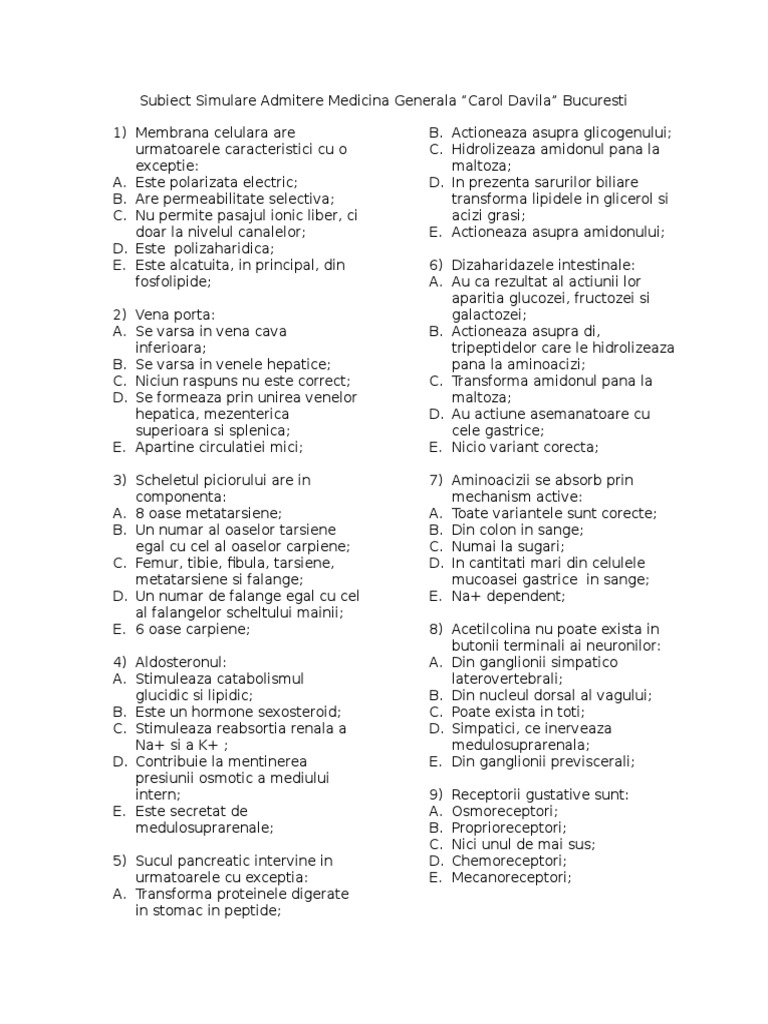 Subiect Simulare Admitere Medicina (Salvat Automat) | PDF