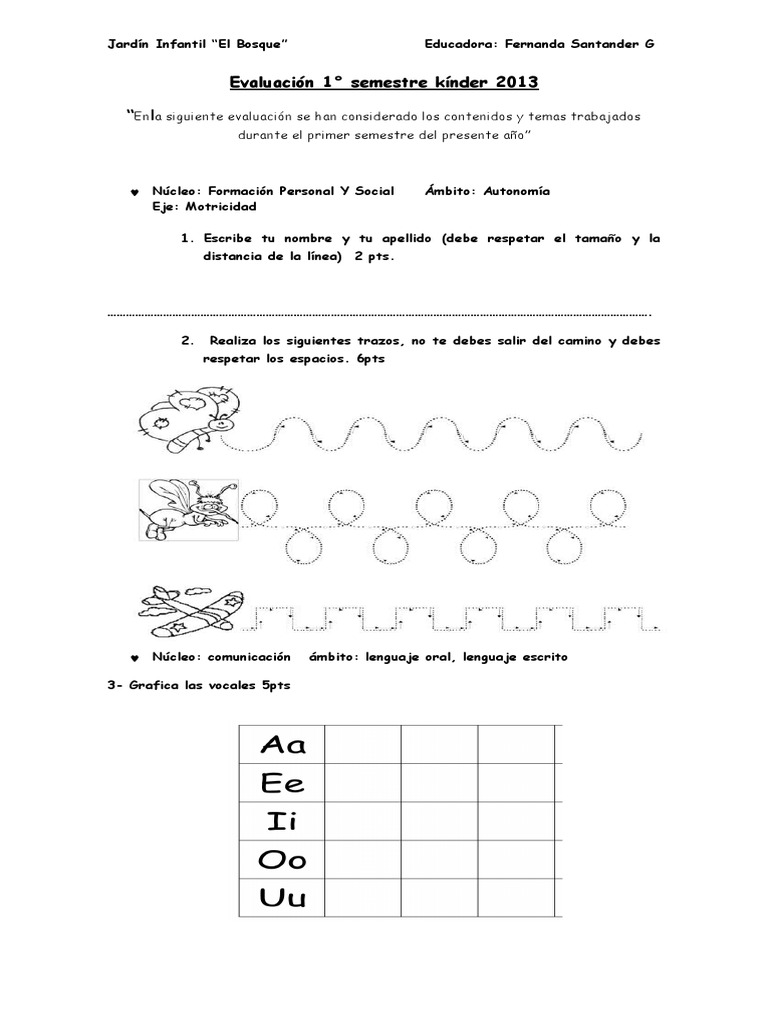 Kinder Prueba 1 Semestre | PDF | Educación de la primera infancia ...