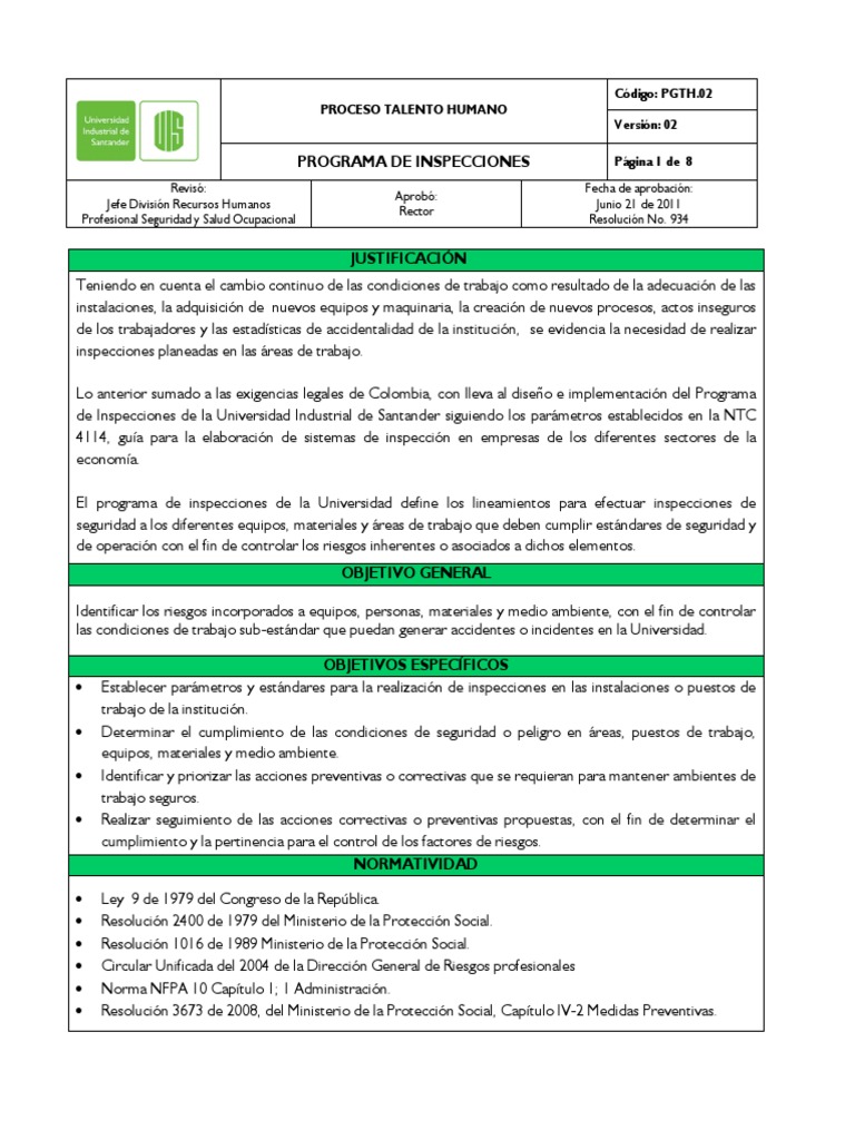 Modelo de Programa de Inspecciones | Seguridad y salud ocupacional | Riesgo