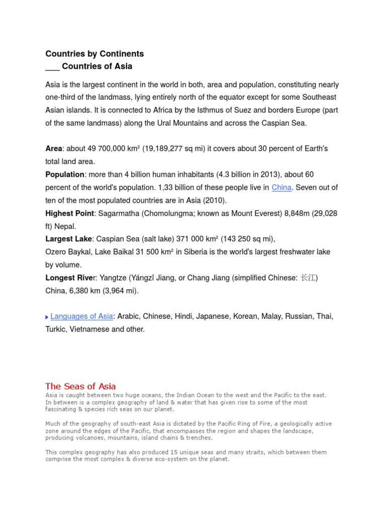 Countries by Continents - Asia | PDF | Sea | Asia