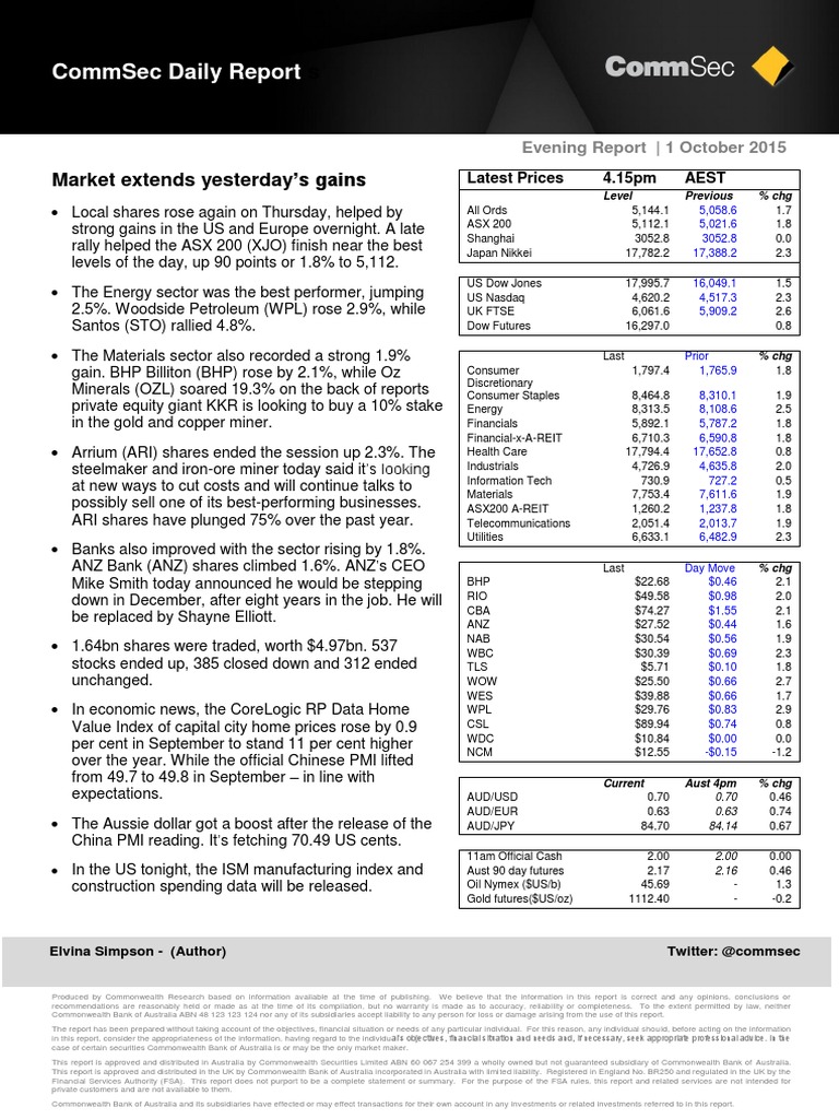 CommSec Daily Market Summary | PDF | Financial Services Authority ...