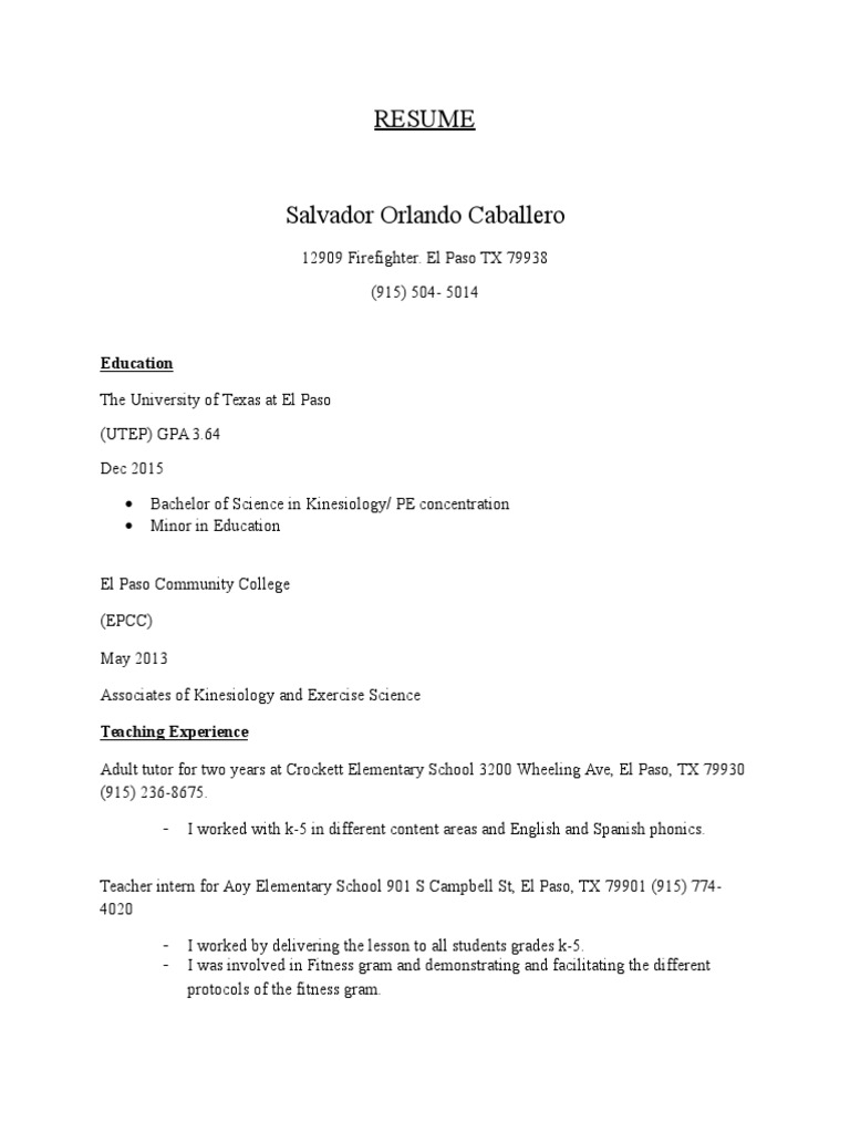 Kinesiology Graduate Resume El Paso | PDF