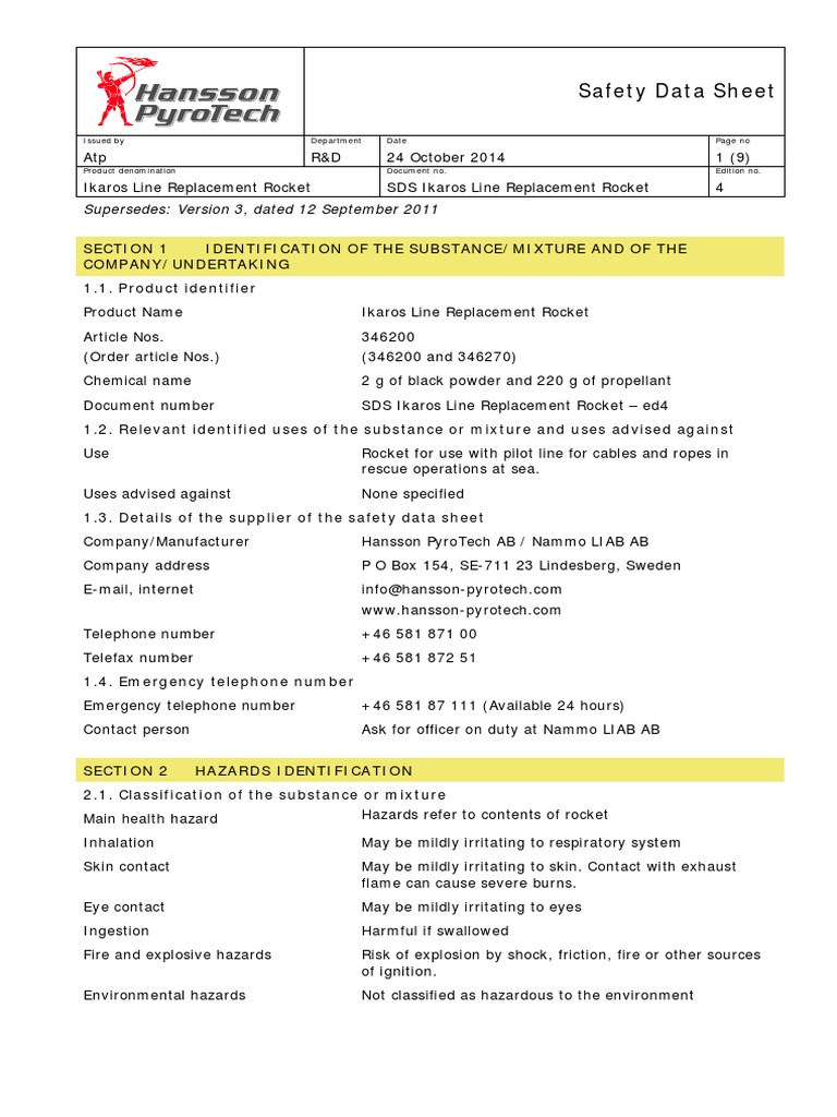 SDS Ikaros Line Replacement Rocket - Ed4 | PDF | Toxicity | Chemistry