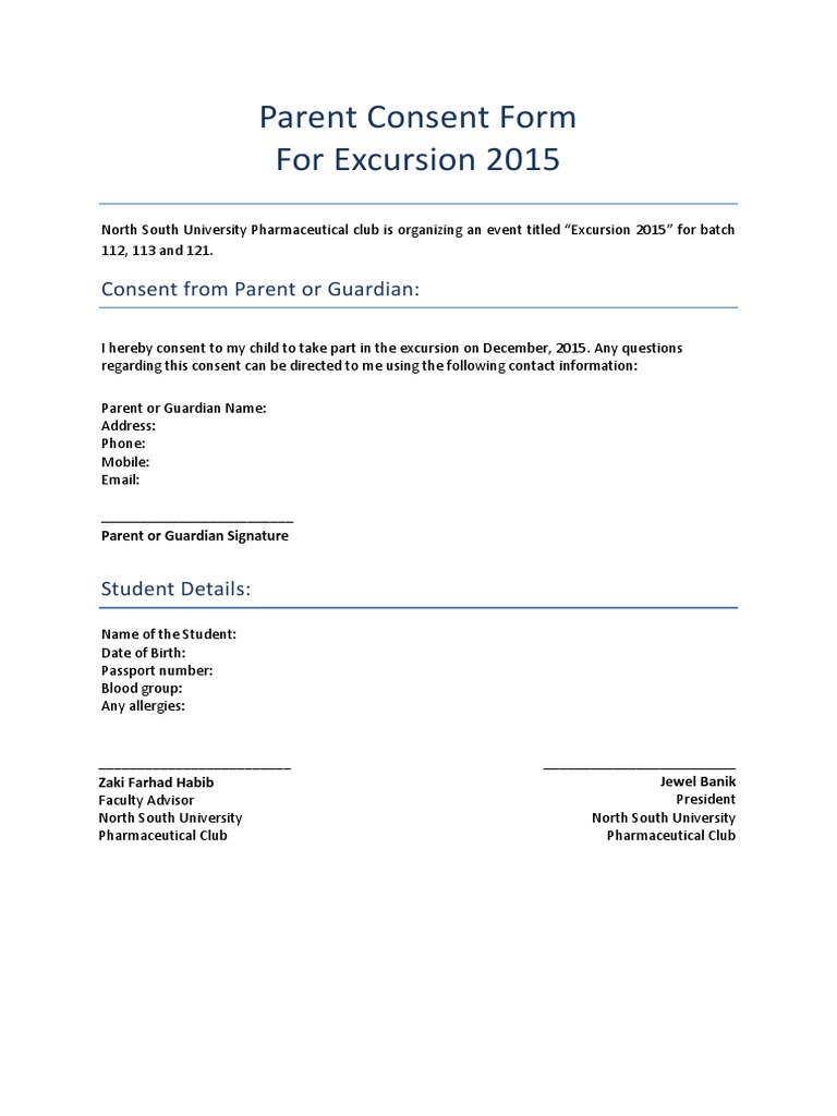 Parent Consent Form For Excursion 2015 | PDF
