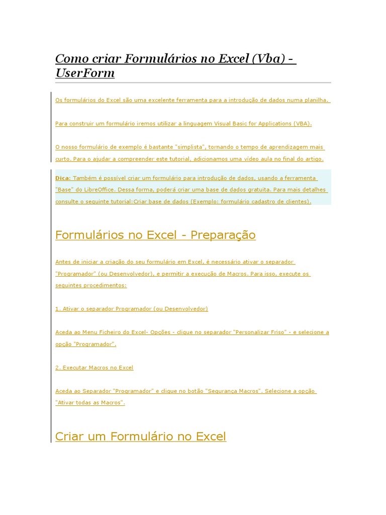 Como Criar Formulários No Excel | PDF | Macro (Ciência da Computação ...