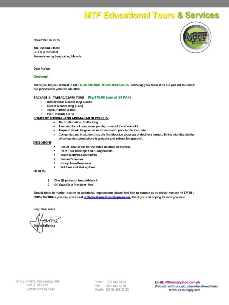 Tarlac/Clark Educational Tour Proposal | PDF