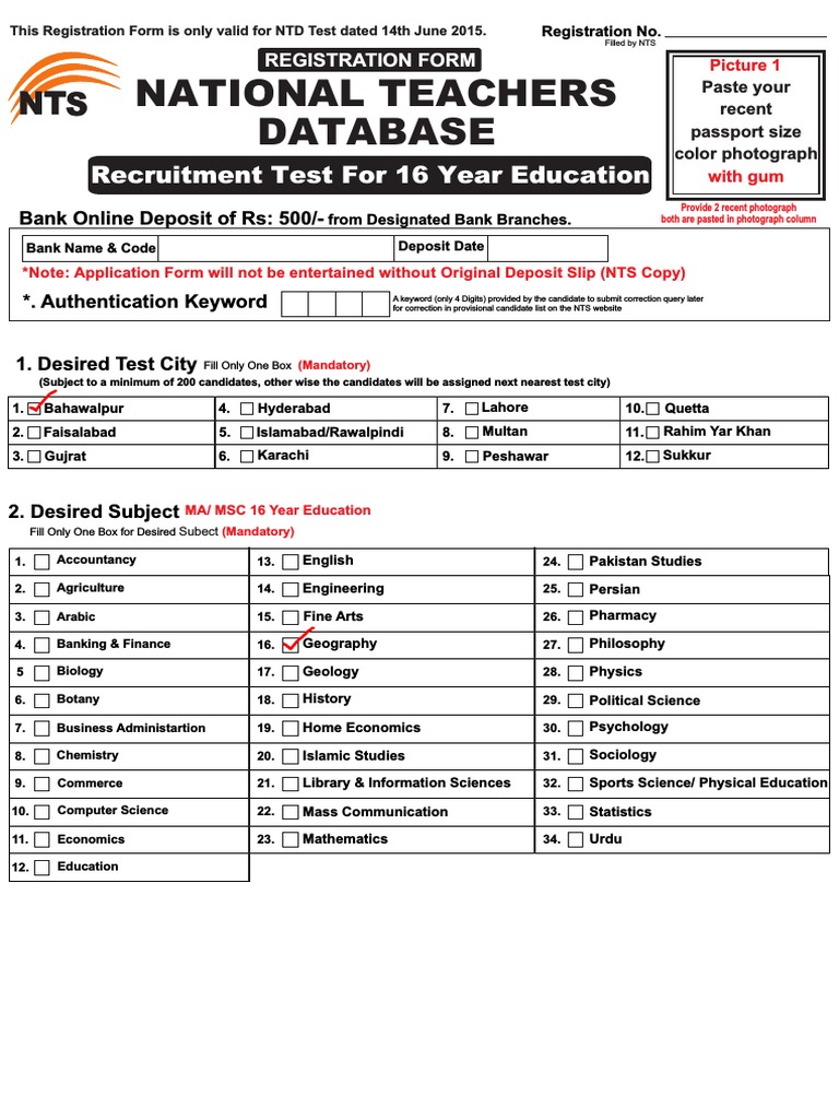 NTS Registration Form for 16 Year Education Test | PDF | Fee | Science