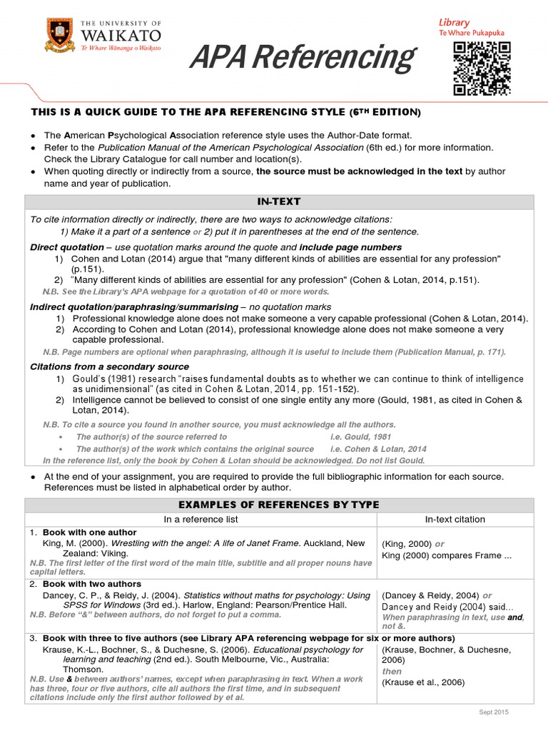 APA Quick Guide 6th | Apa Style | Citation