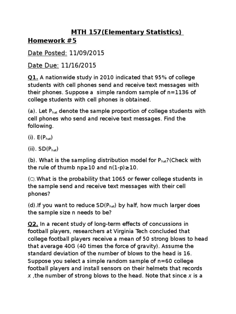 MTH 157 Homework #5 Elementary Statistics Problems | PDF | Confidence ...