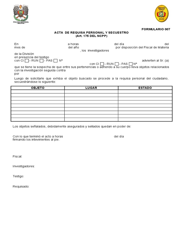 FORMULARIO 007 - Acta Requisa Personal y Secuestro | PDF