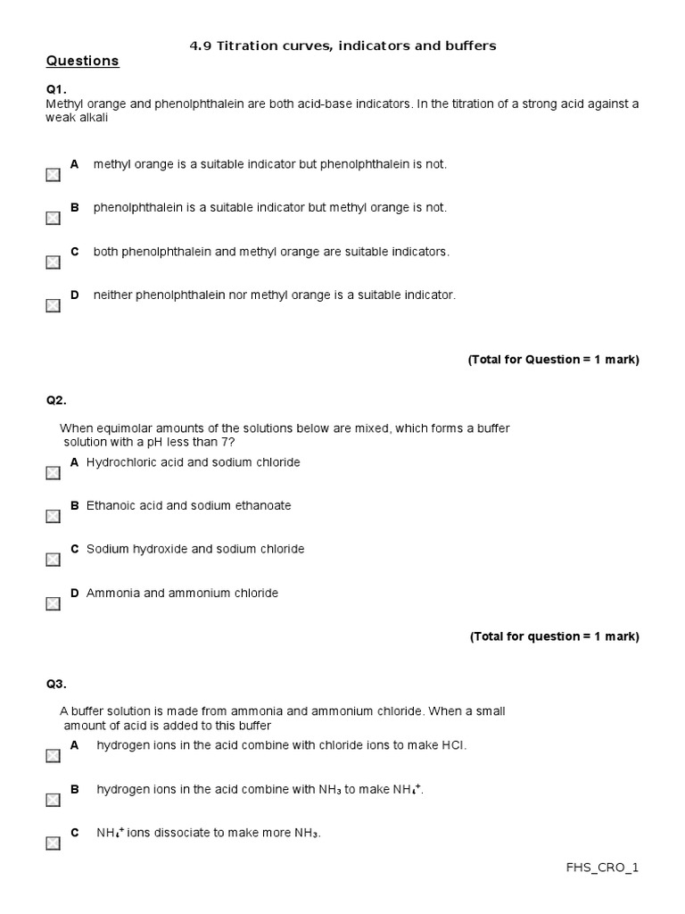 4.7 Titration Curves Indicators and Buffers Questions Only | PDF ...