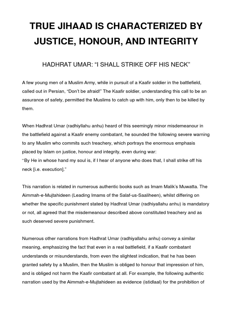 True Jihad is Characterized by Justice, Honour and Integrity | Jihad | Umar