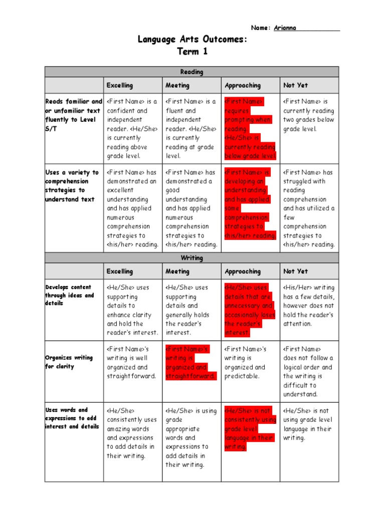 Language Arts Term 1 Student Portfolio | PDF | Reading Comprehension ...