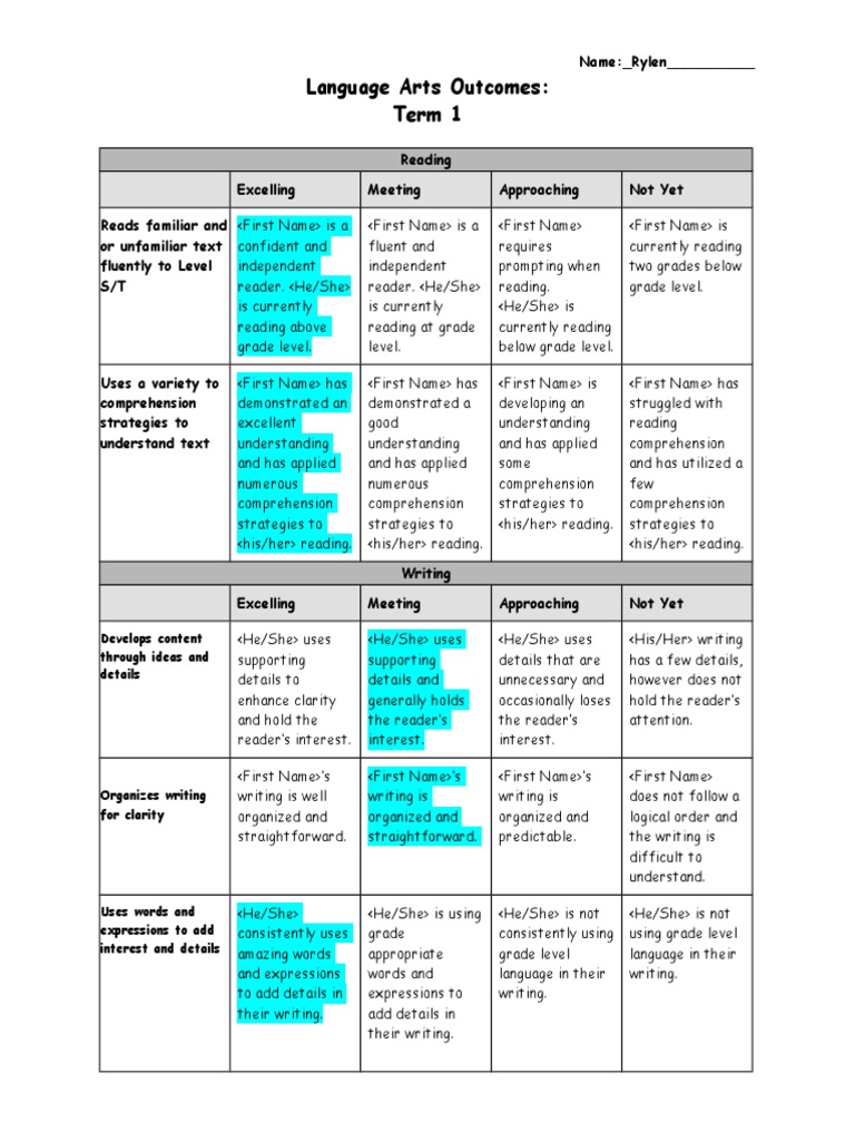 Language Arts Term 1 Student Portfolio | PDF | Reading Comprehension ...