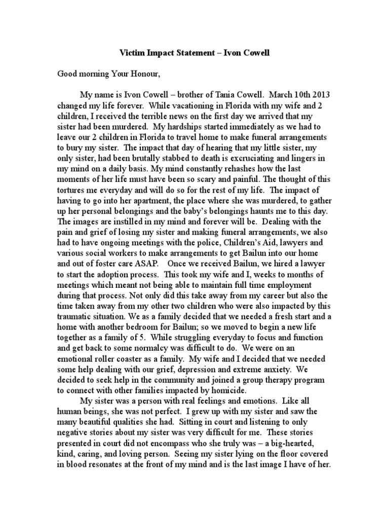 Victim Impact Statement: Ivon Cowell | PDF | Emotions | Psychology