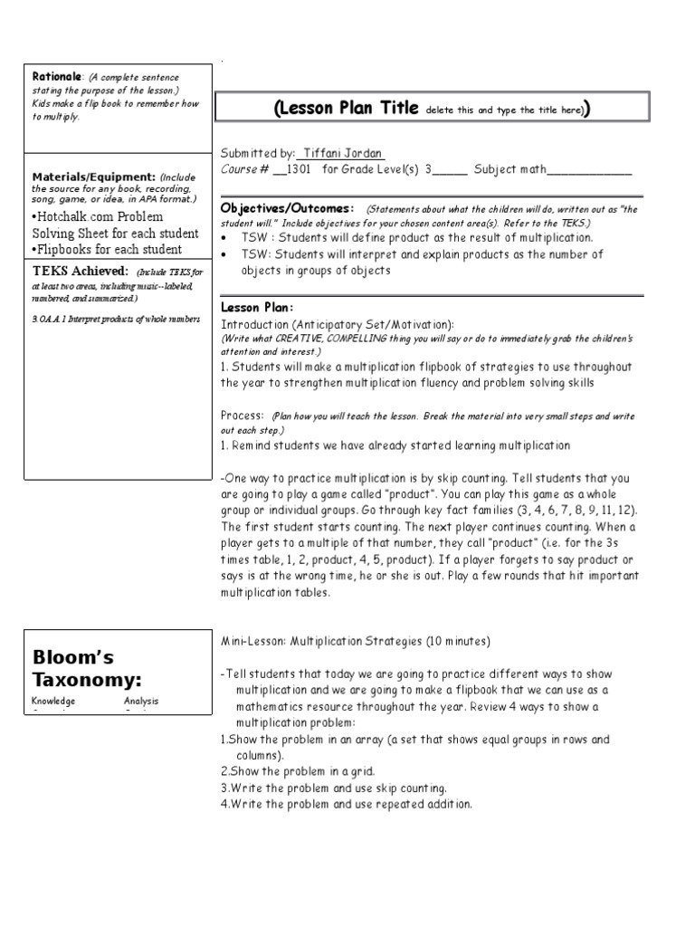 (Lesson Plan Title) : Bloom's Taxonomy | PDF | Lesson Plan ...