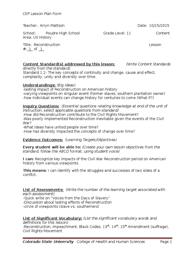 Lesson Plan Reconstruction | PDF | Reconstruction Era | Lesson Plan