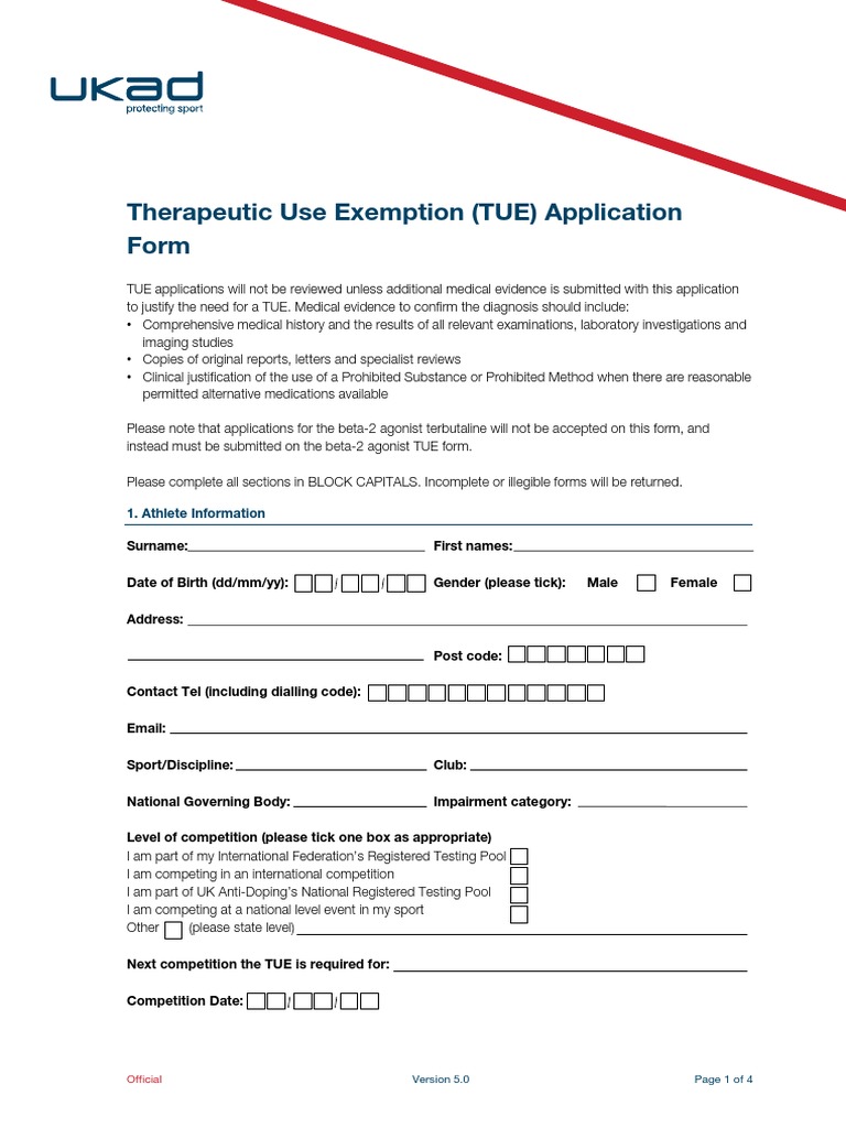 Therapeutic Use Exemption (TUE) Application Form: 1. Athlete ...