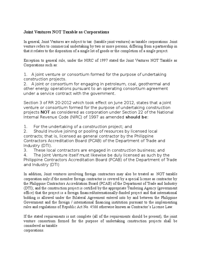 Joint Ventures NOT Taxable As Corporations | Download Free PDF | Joint ...