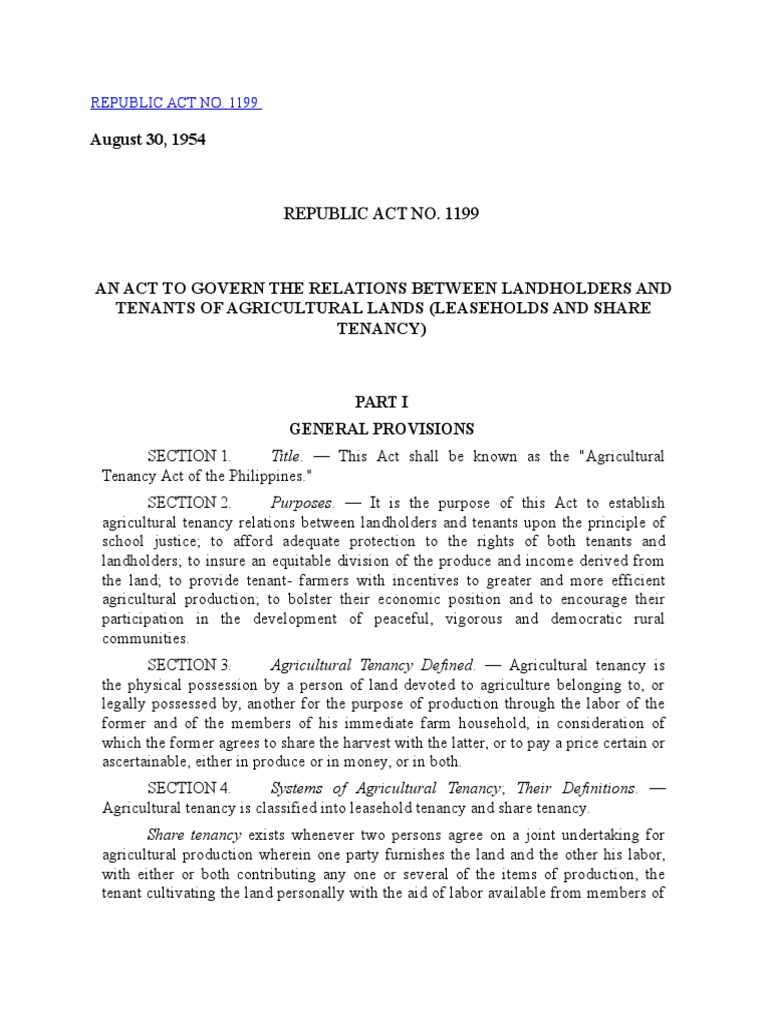 Republic Act No 1199 | PDF | Leasehold Estate | Lease Republic Act No 1199 | PDF | Leasehold Estate | Lease