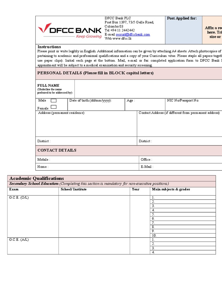 DFCC Bank Application | Download Free PDF | Mail | Academic Degree