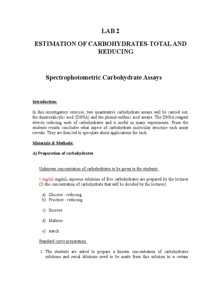 Latest LAB 2-Estimation of Carbohydrate-Total and Reducing | PDF ...