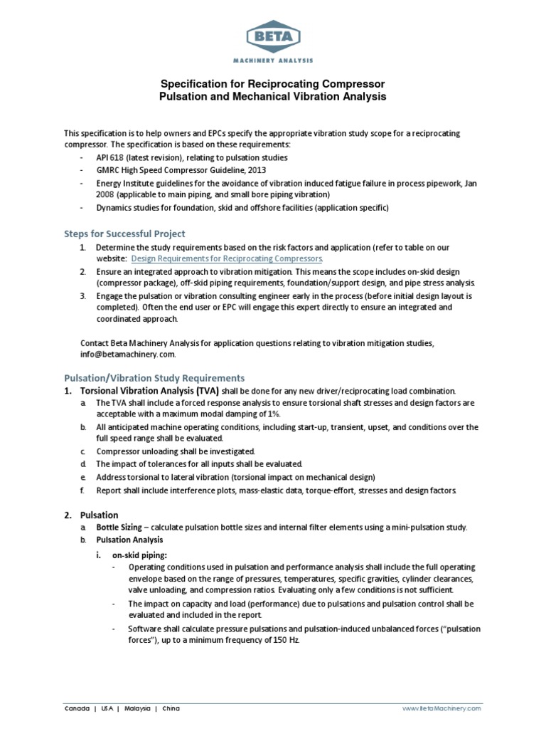 BETA MACHINERY Specification For Reciprocating Compressor Pulsation ...