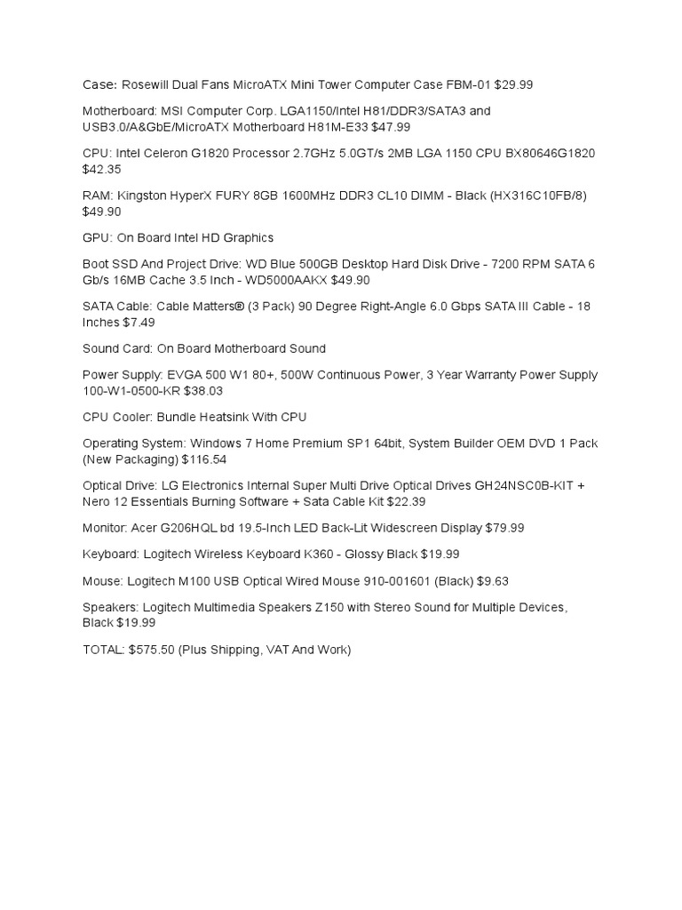 Budget MicroATX PC Build Components List | PDF | Technology & Engineering