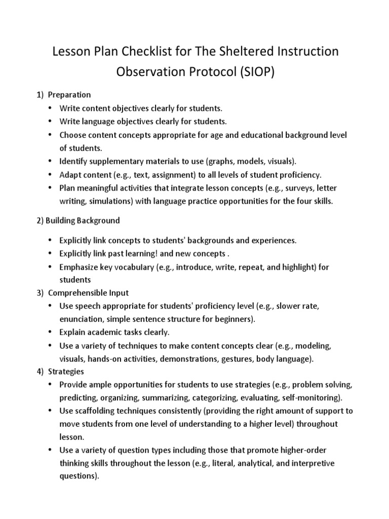 Lesson Plan Checklist For The Sheltered Instruction Observation ...