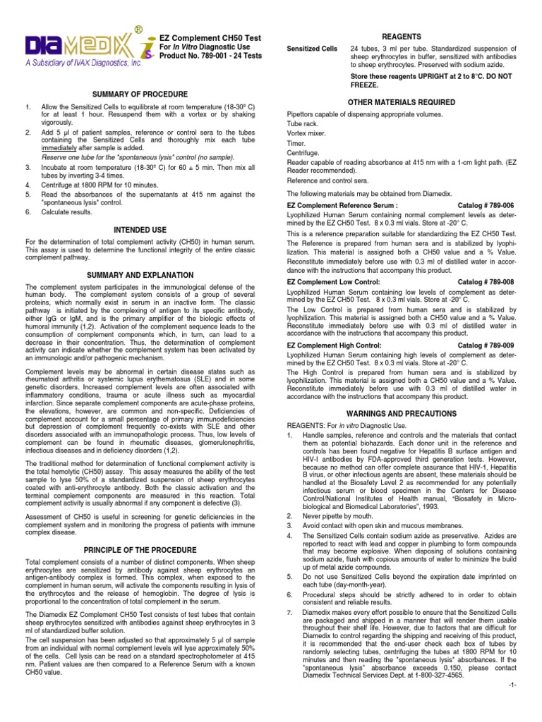 Diamedix CH50 | PDF | Complement System | Blood Plasma