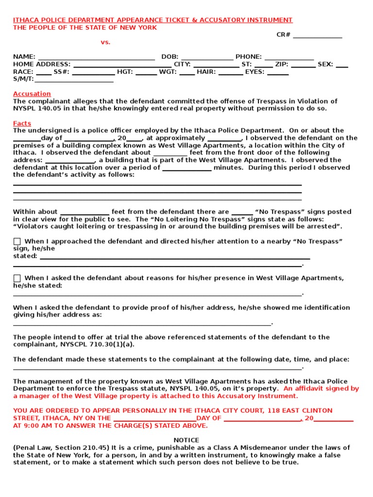 Ithaca Police Trespass Ticket Form | PDF | Perjury | Deviance (Sociology)