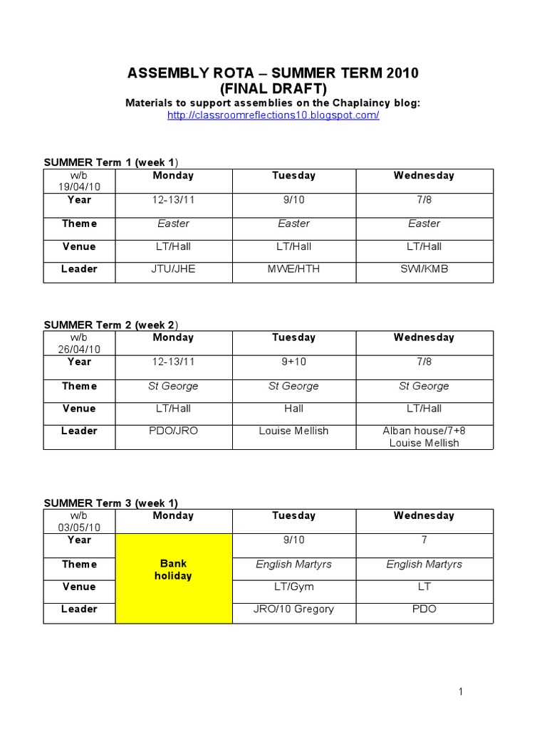 Assembly Rota Sum Mer 2010 Final Draft | PDF | Eastertide | Christian ...