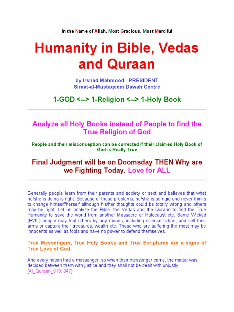 Humanity in Bible, Vedas and Quraan | PDF | Prophets And Messengers In ...