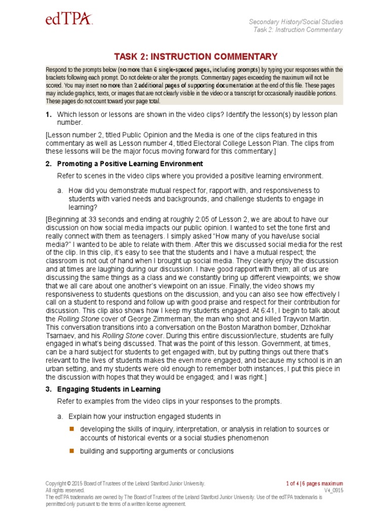 EdTPA Instruction Commentary SK | PDF | Learning | Cognition