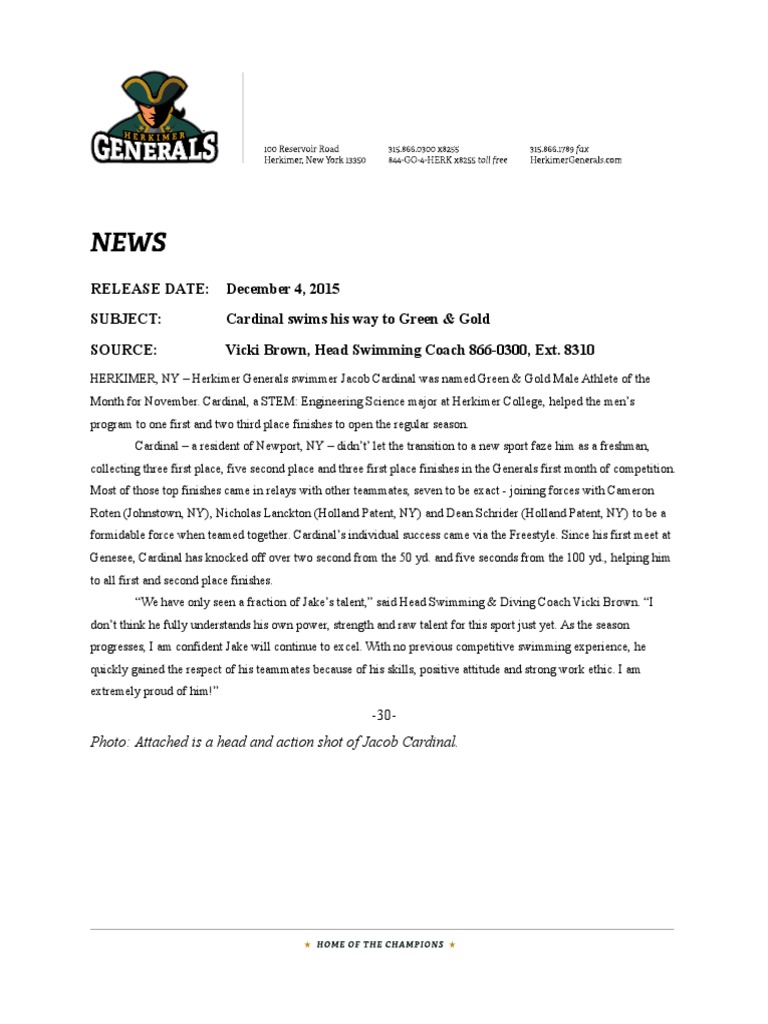 Jacob Cardinal Named Green & Gold Athlete | PDF