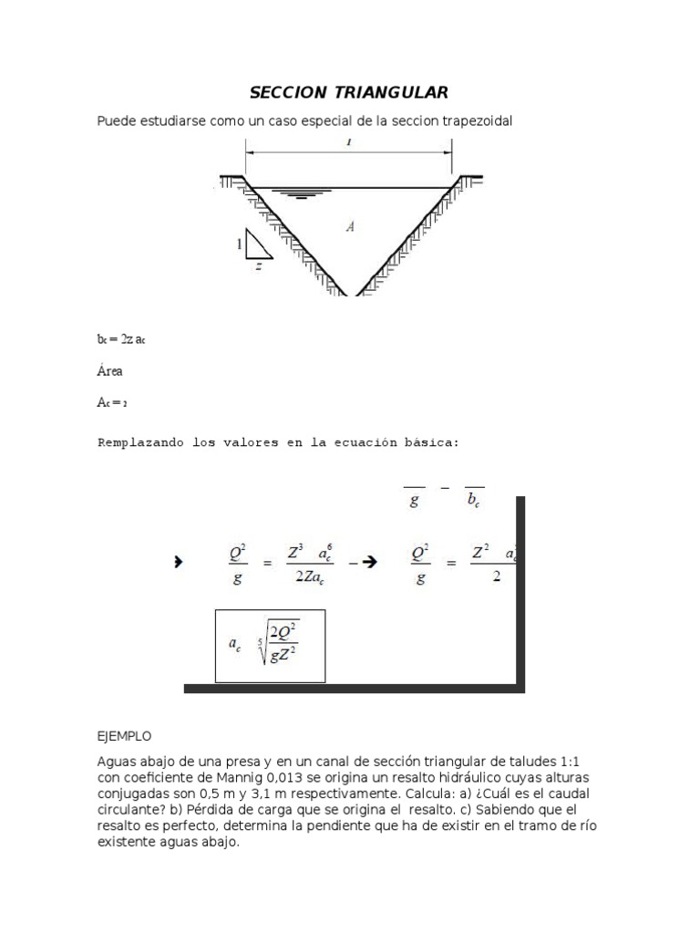 Cálculo de caudal y pérdida de carga en canal triangular con resalto ...