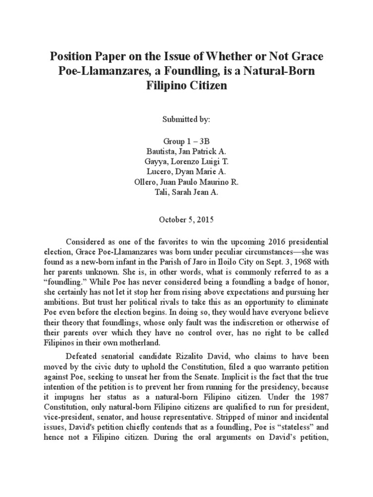 Position Paper On The Issue of Whether or Not Grace Poe-Llamanzares, A ...