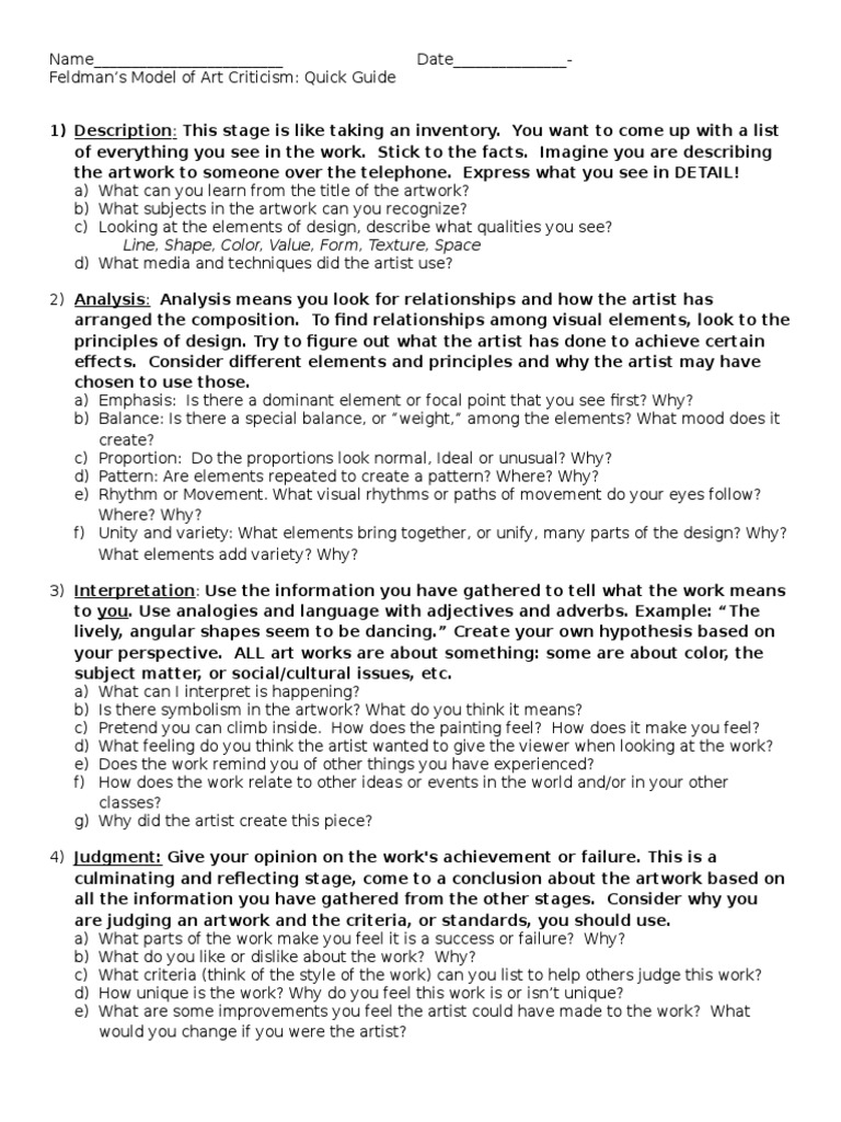 Feldman Model Critique Work Sheet | PDF | Cognition | Psychological ...