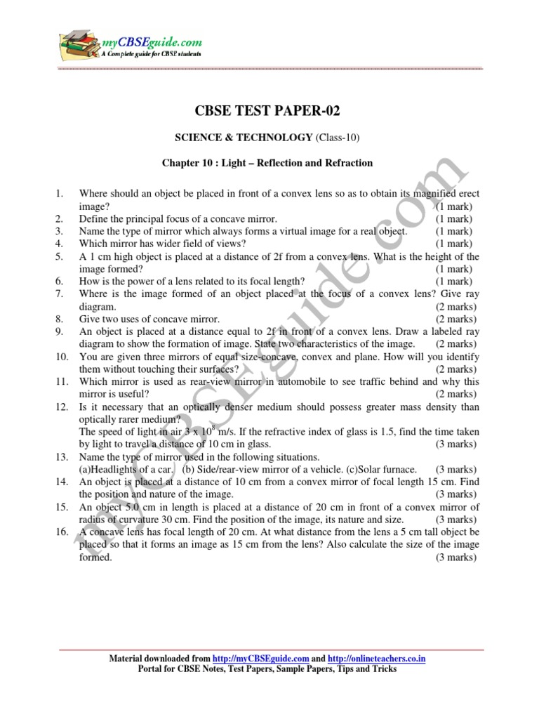 10 Science Light Reflection and Refraction Test 02 | PDF