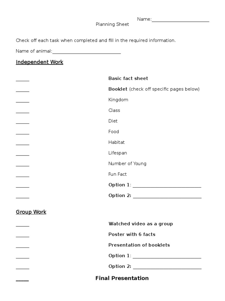 Animal Research Planning Sheet | PDF