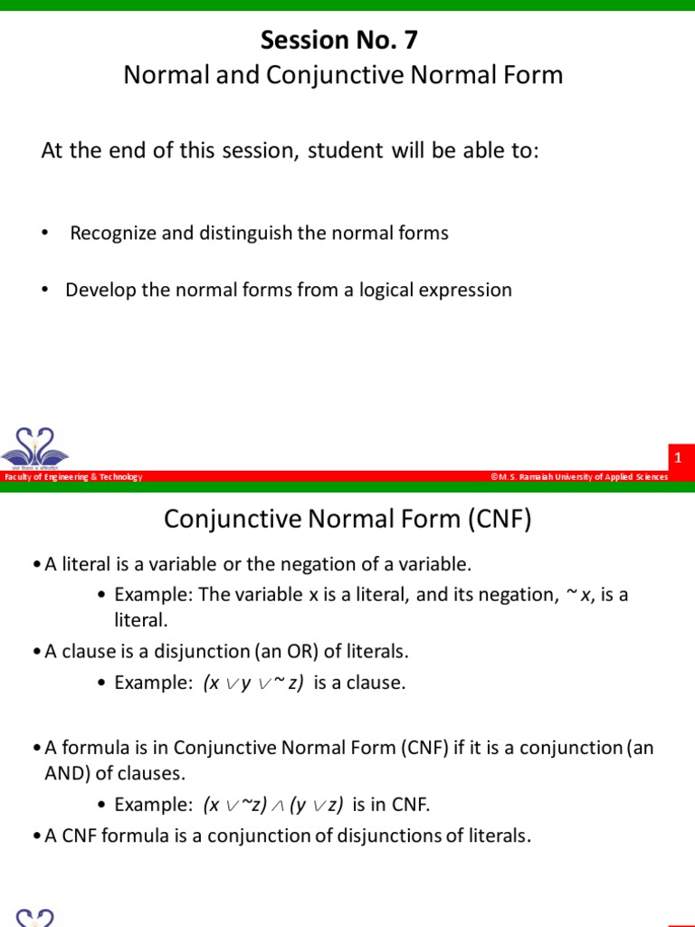 Normal and Conjunctive Normal Form: Session No. 7 | PDF