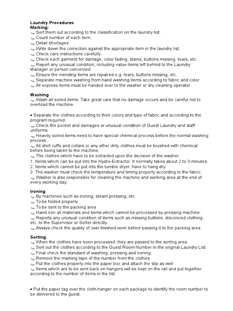 Laundering Procedures Housekeeping Manual | PDF | Laundry | Linens