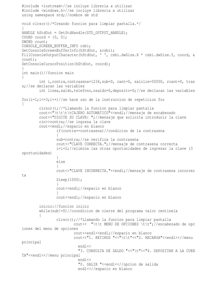 Codigo de Cajero Automatico | PDF | Programación de computadoras ...