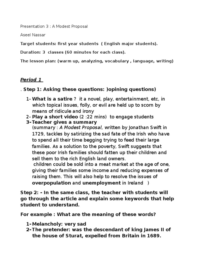 A Modest Proposal Lesson Plan | PDF | Noun | Plural