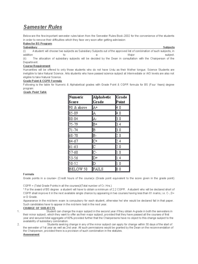 Samester Rules: Numeric Score Alphabetic Grade Grade Point | PDF ...