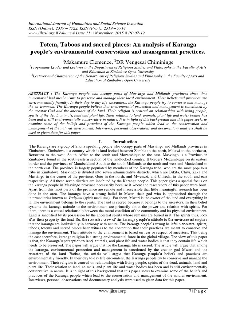 Totem, Taboos and Sacred Places: An Analysis of Karanga People's ...