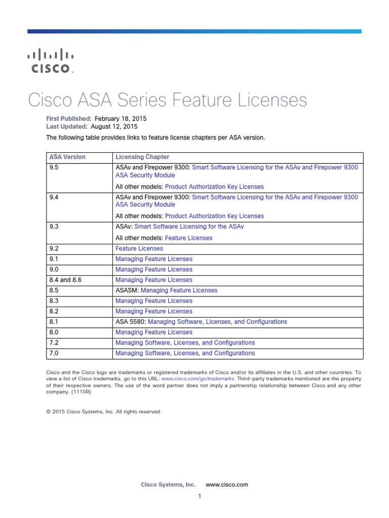 Cisco ASA Series Feature Licenses: First Published: Last Updated | PDF ...