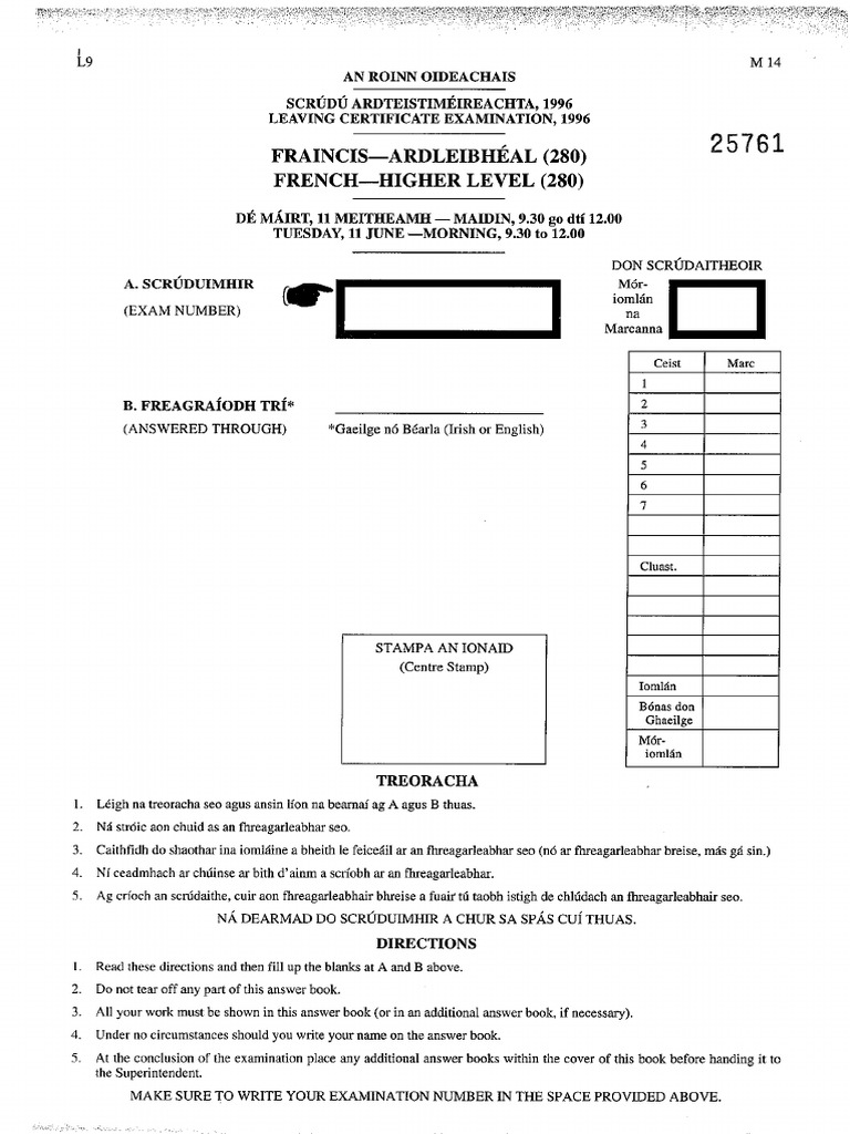 1996 Leaving Cert French Exam Higher Level | PDF